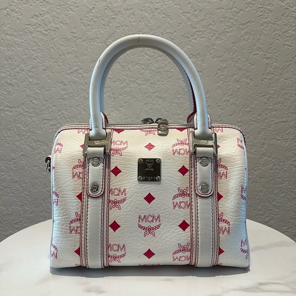 MCM | Bags | Mcm Mini Boston Bag White Visetos Leather Handbag | Poshmark